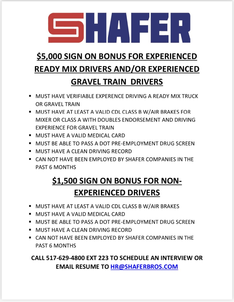 $ Sign On Bonus $ - Shafer Brothers